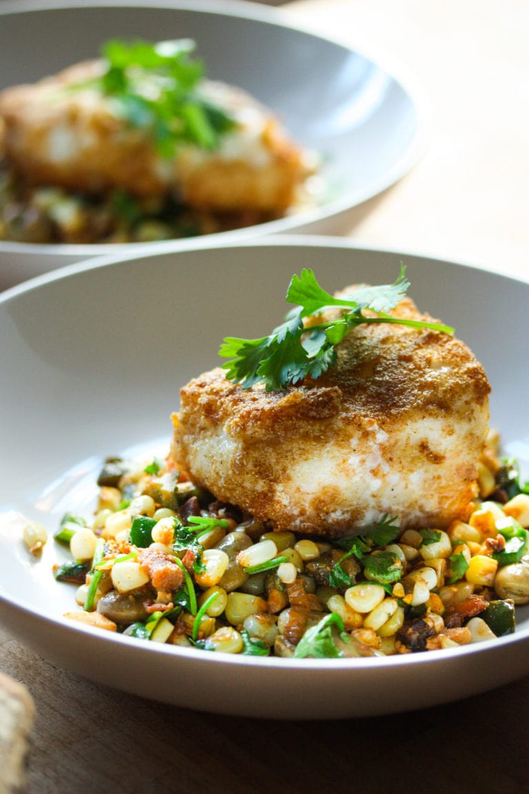 Cornmeal Crusted Halibut with Summer Succotash | Feasting At Home