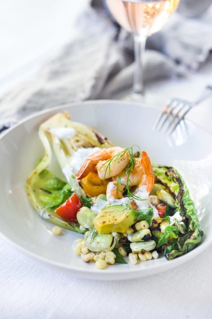 Grilled Romaine Salad with Corn, Fava Beans and Avocado | Feasting At Home