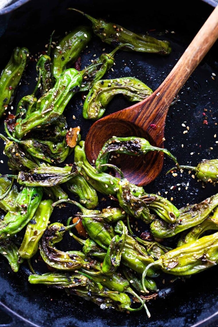 Blistered Shishito Peppers with Garlic and Sesame Seeds