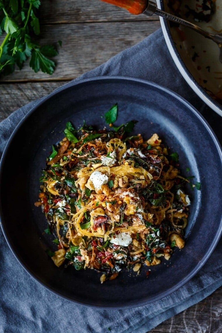 Spaghetti Squash with Chard, Walnuts and Chèvre | Feasting At Home