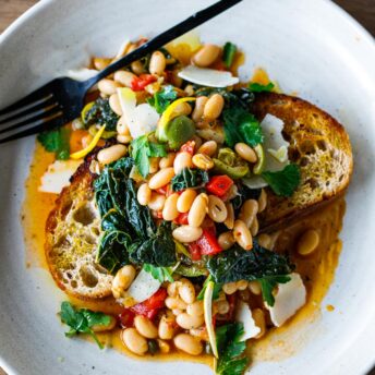 Brothy Beans over Garlic Sourdough Toast | Feasting At Home
