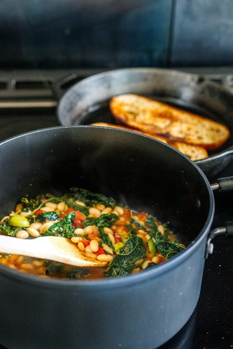 Brothy Beans over Garlic Sourdough Toast | Feasting At Home