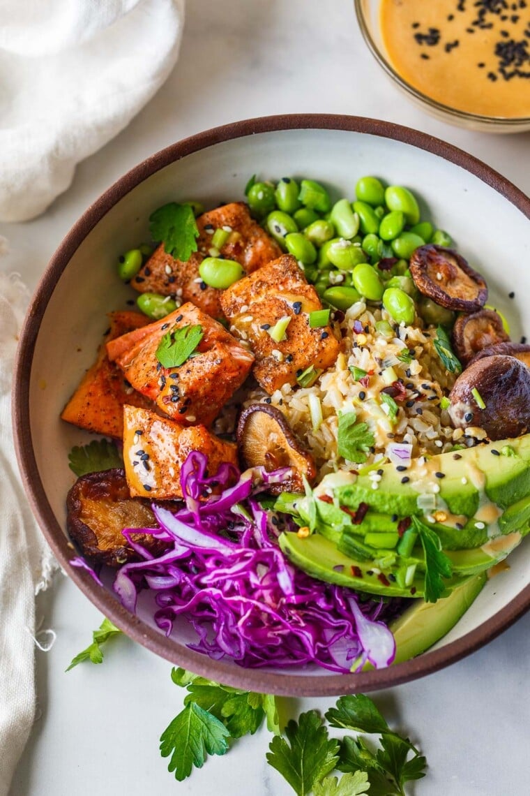 Sticky Gochujang Salmon Bowls with Mango Cucumber Salad | Feasting At Home